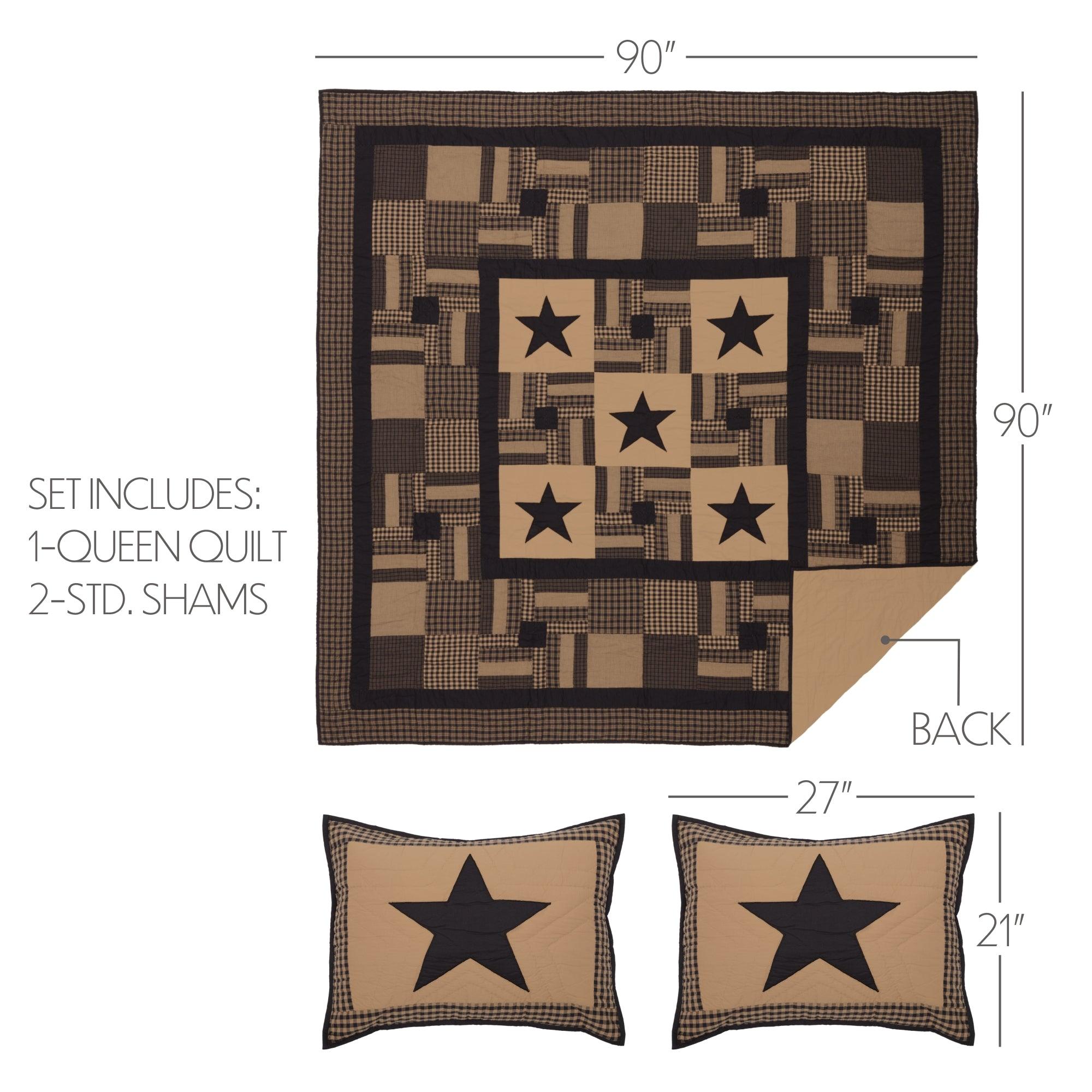 Black Check Star Queen Quilt Set; 1-Quilt 90Wx90L w/2 Shams 21x27 VHC ...